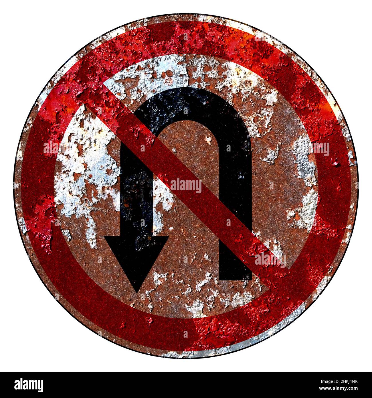 Old grunge EU road sign Prohibitory sign - U-turn prohibited Stock ...