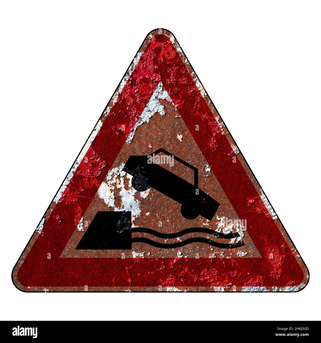 Old grunge EU road sign Warning sign - Unprotected riverbank or quay ...