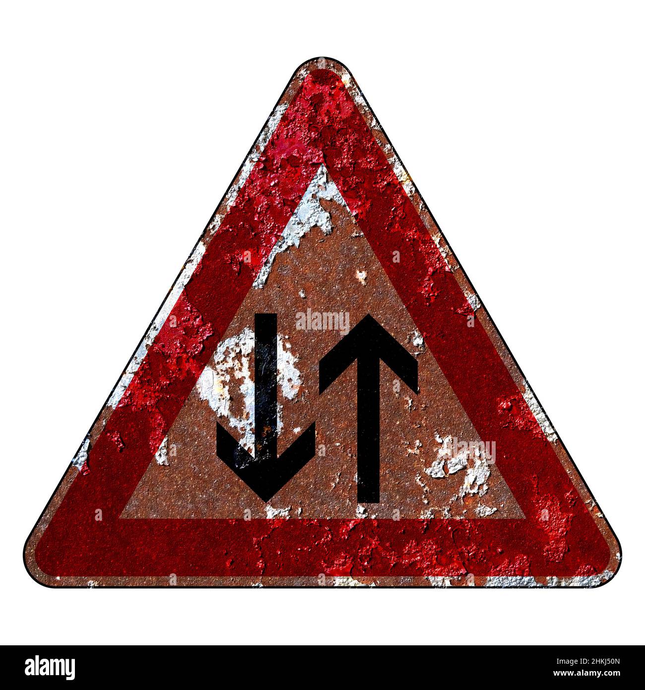 Old grunge EU road sign Warning sign - Two-way traffic Stock Photo - Alamy