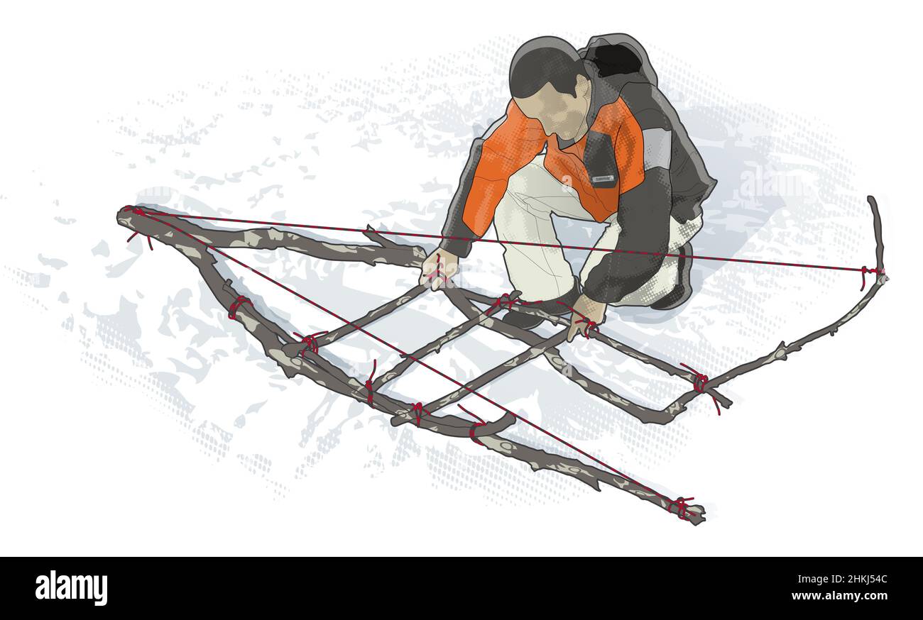 Man making improvised sledge, illustration Stock Photo - Alamy