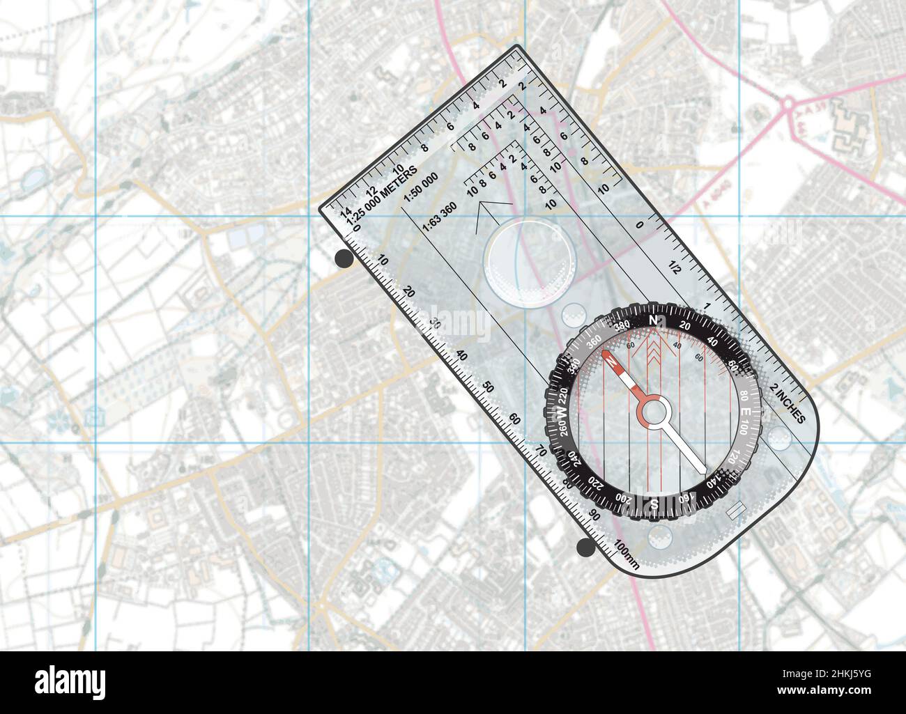 Basic orienteering compass on map, illustration Stock Photo - Alamy