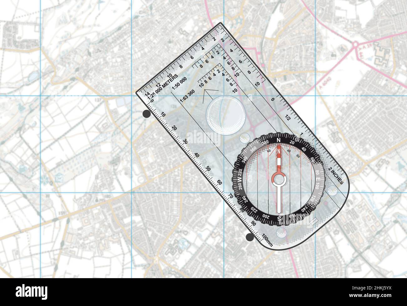 Basic orienteering compass on map, illustration Stock Photo - Alamy