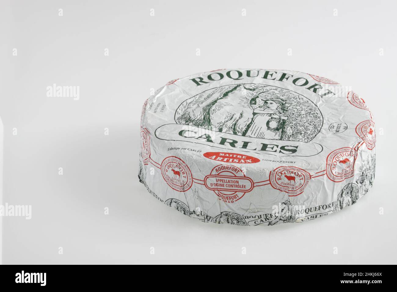 Whole drum of wrapped French Roquefort ewe's milk blue cheese Stock ...