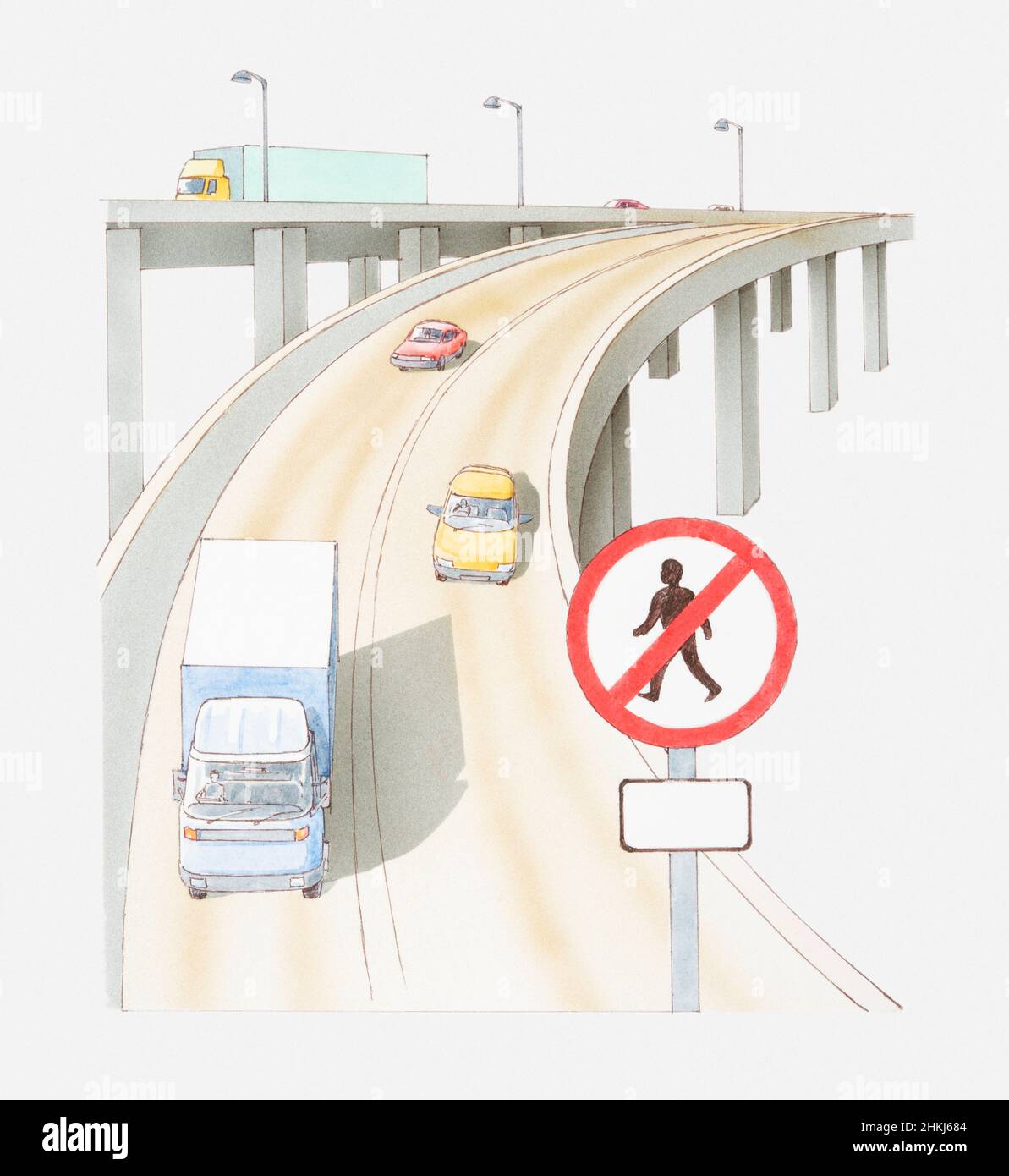 Traffic and No Pedestrians sign on one-way two-lane flyover Stock Photo ...