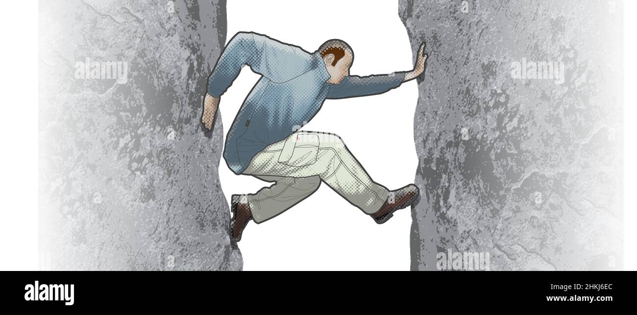 Man straddling gap in rock chimney, illustration Stock Photo - Alamy