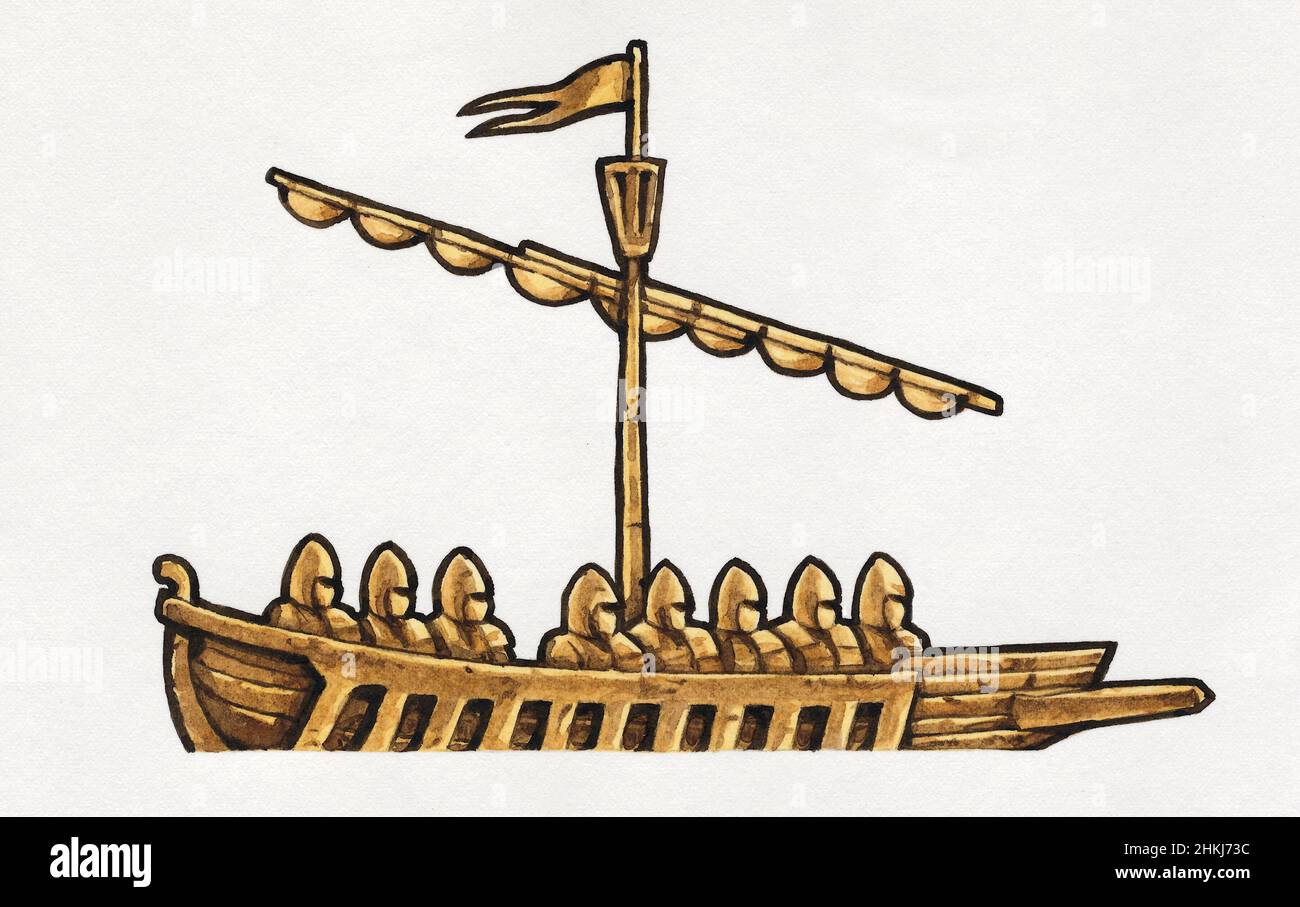 Medieval galley with soldiers, illustration Stock Photo - Alamy