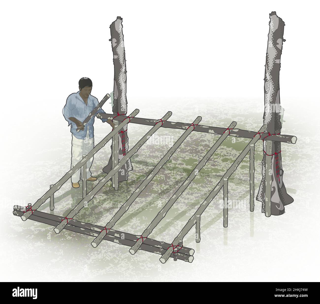 Man attaching support poles to ridgepole, illustration Stock Photo - Alamy