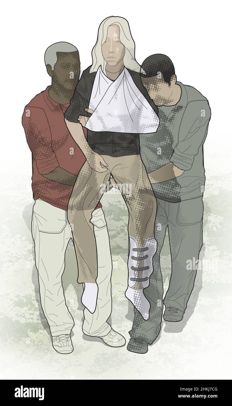 Two men carrying injured woman with broken arm, illustration Stock ...