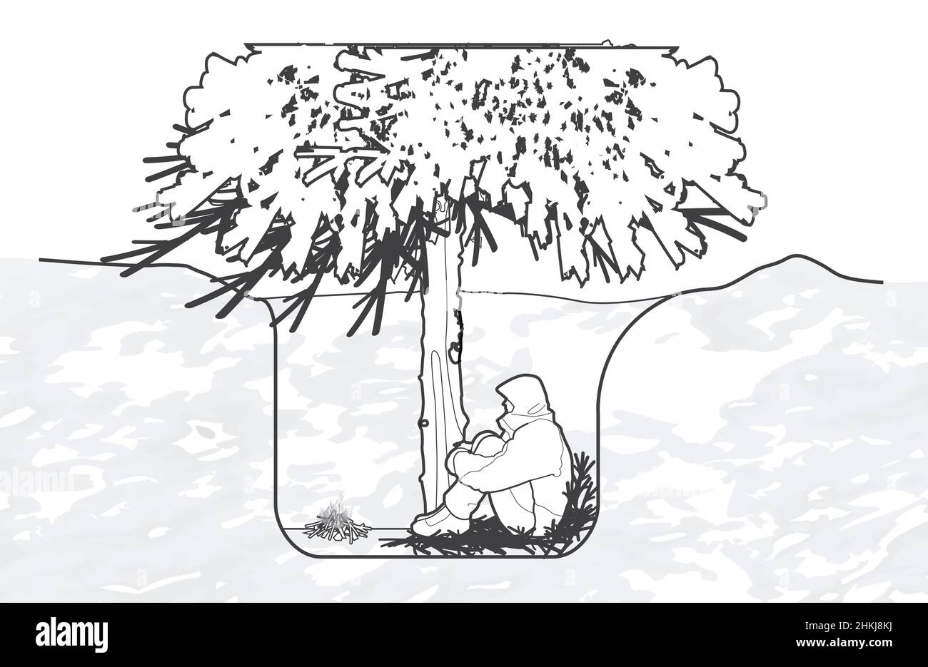 Man sheltering in tree pit, illustration Stock Photo - Alamy