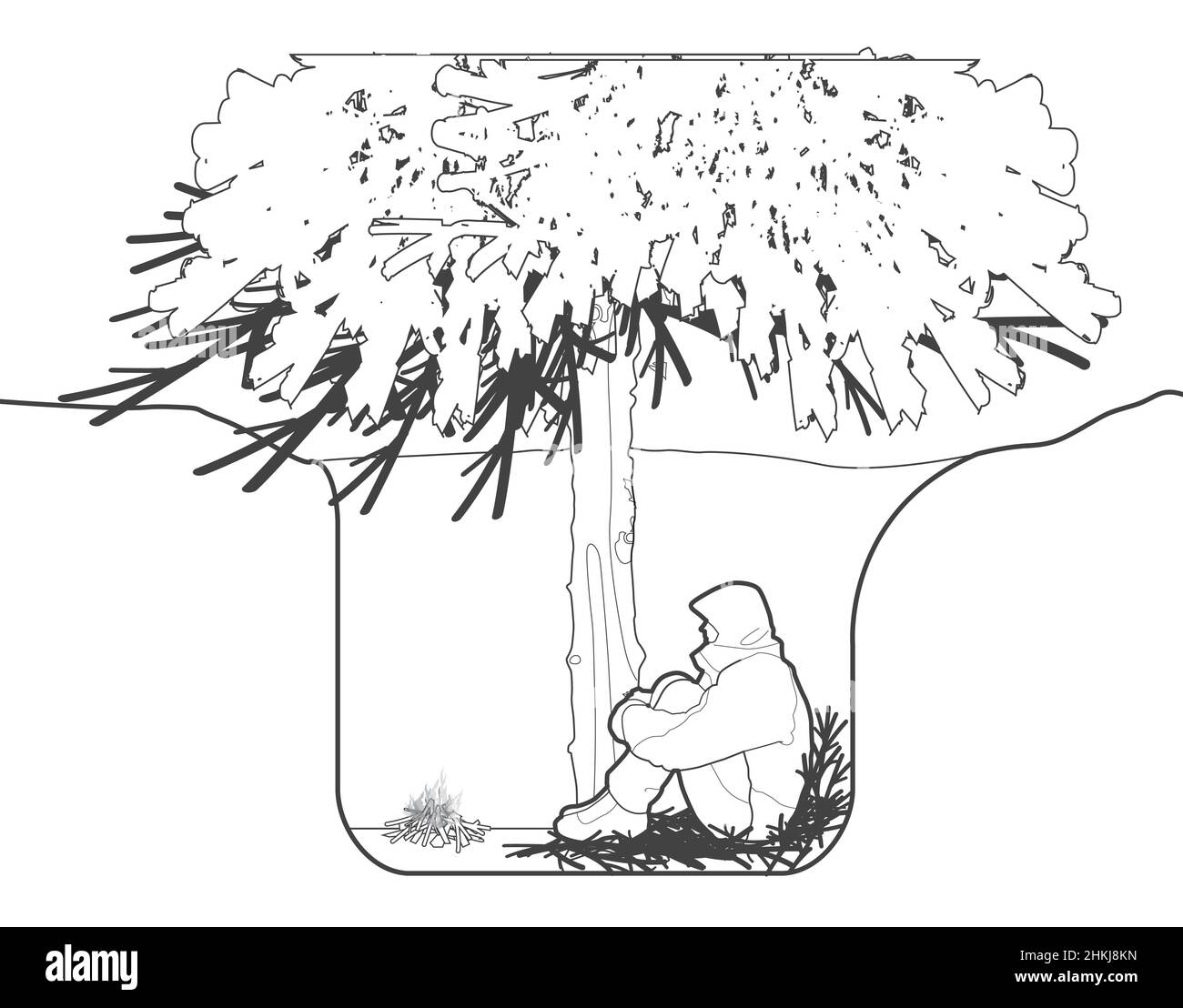 Man sheltering in tree pit, illustration Stock Photo - Alamy
