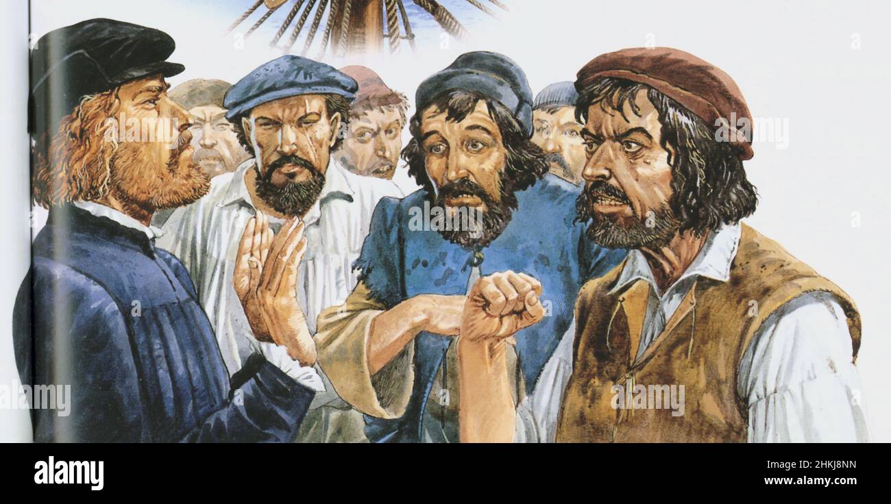 Christopher Columbus trying to calm sailors, illustration Stock Photo ...