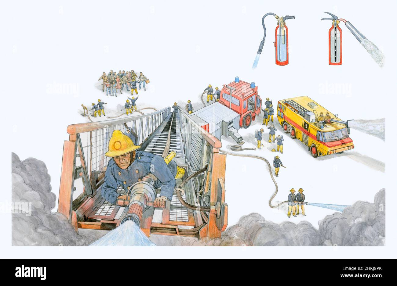 Fireman putting out fire using large hose, illustration Stock Photo - Alamy
