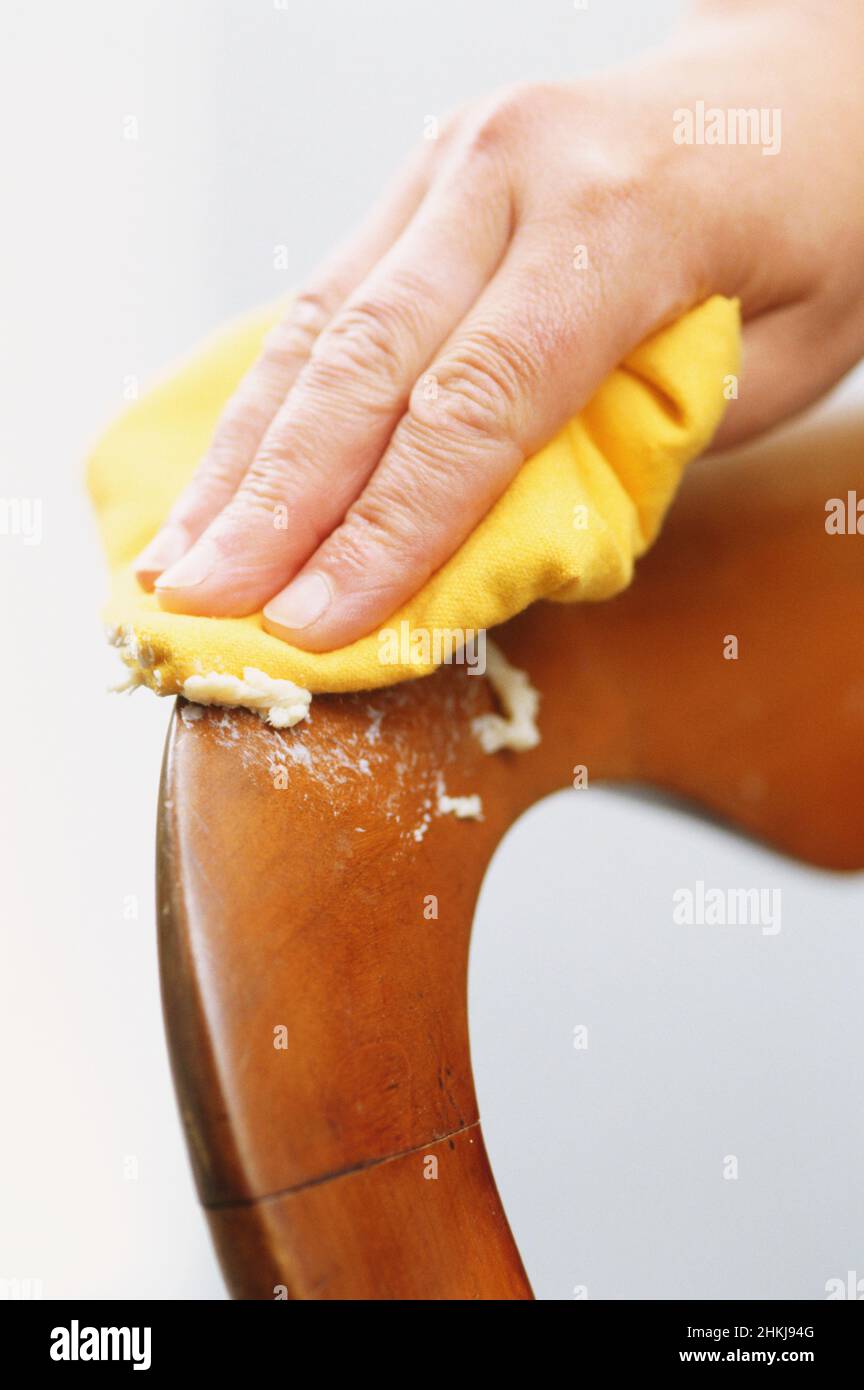 Polishing back of chair using duster with lemon balm leaves Stock Photo ...