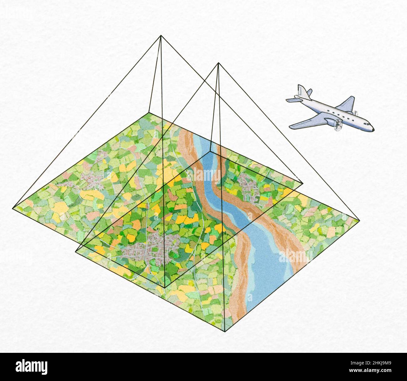Commercial flight path over river and land, illustration Stock Photo ...