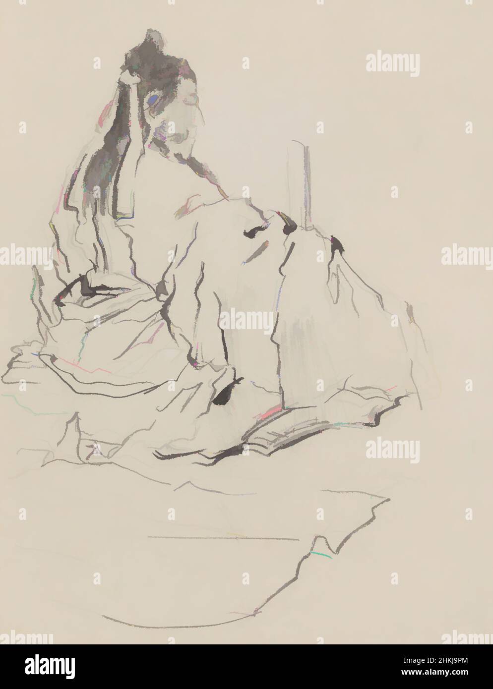 Art inspired by Chinoiserie, a seated man in three-quarter back view, James Ensor, 1885, drawing ...