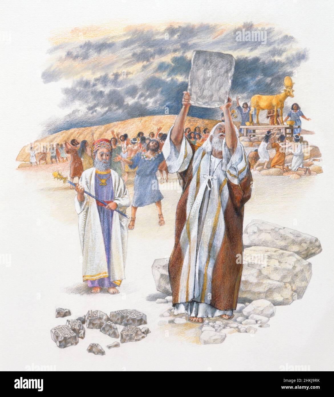 Moses flinging stone tablets to the ground, illustration Stock Photo ...