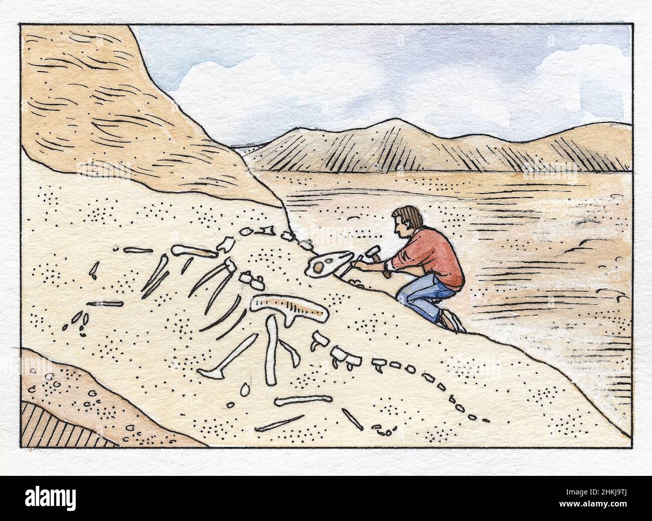 Scientist chipping away around a fossil, illustration Stock Photo - Alamy