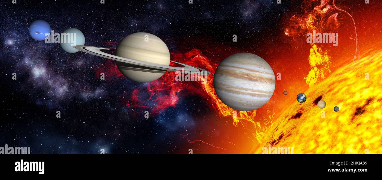 Planets and Sun to scale, illustration Stock Photo - Alamy