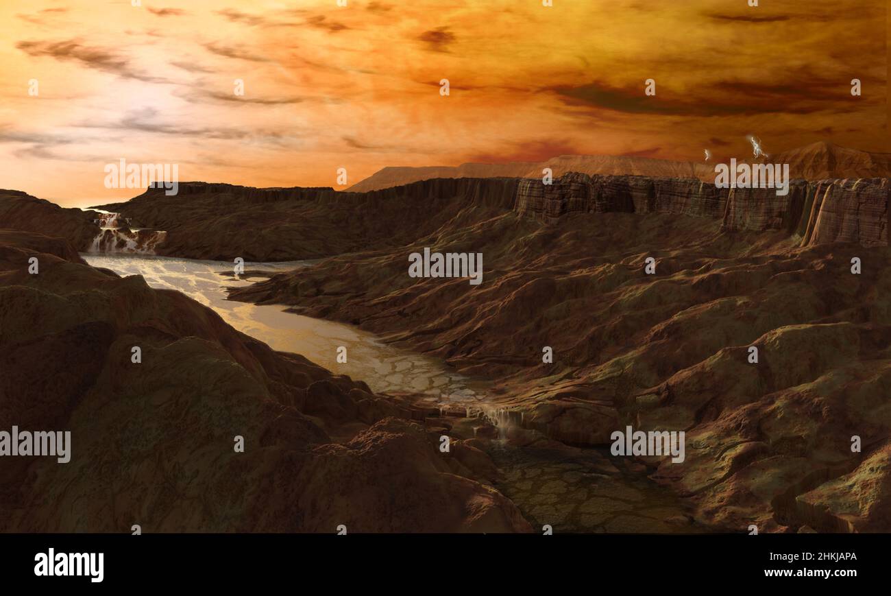 Canyon and methane river on Titan, illustration Stock Photo - Alamy