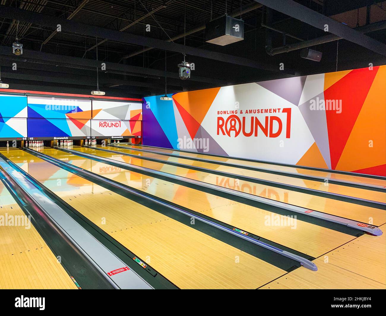 Interior of empty Round 1 Bowling Center in Detroit, Michigan, USA ...