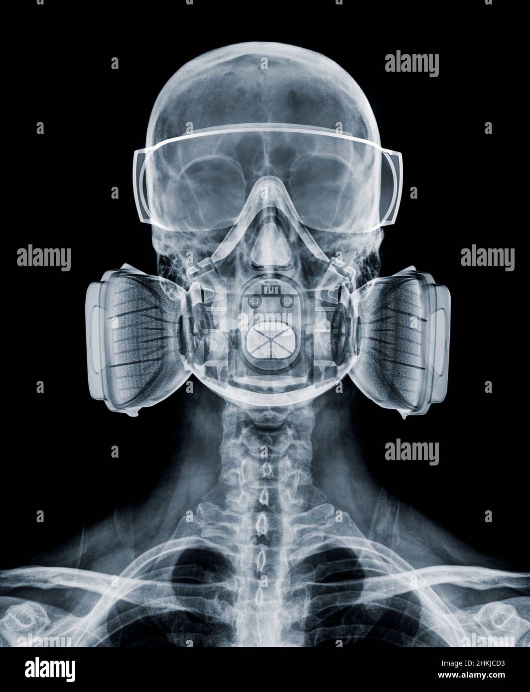 Skull wearing a respirator and goggles, X-ray Stock Photo - Alamy