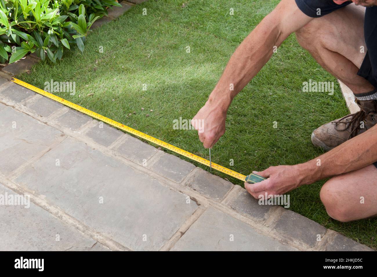 Using a tape measure to measure shape for a new lawn design Stock Photo ...