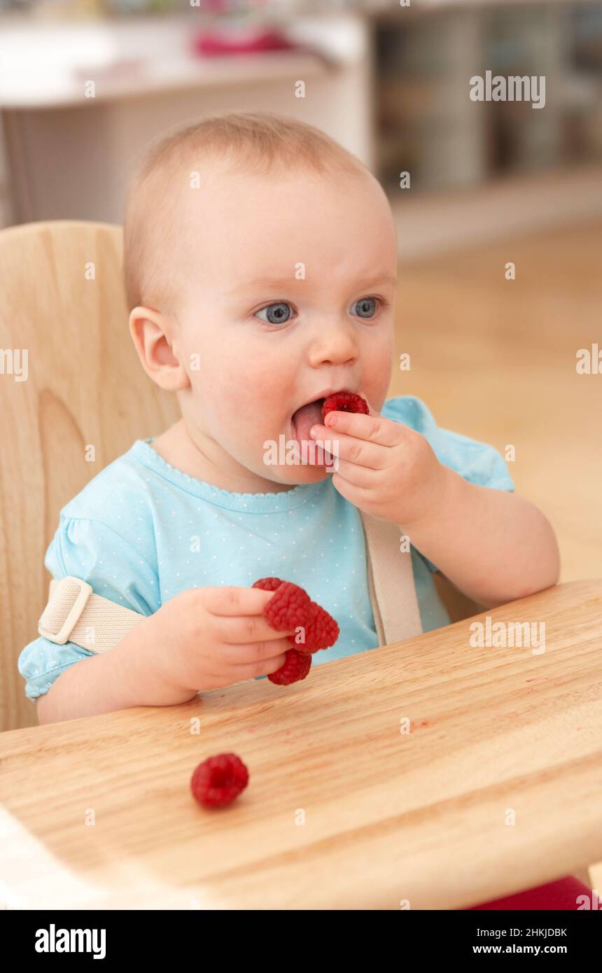 Baby girl feeding herself raspberries Stock Photo - Alamy
