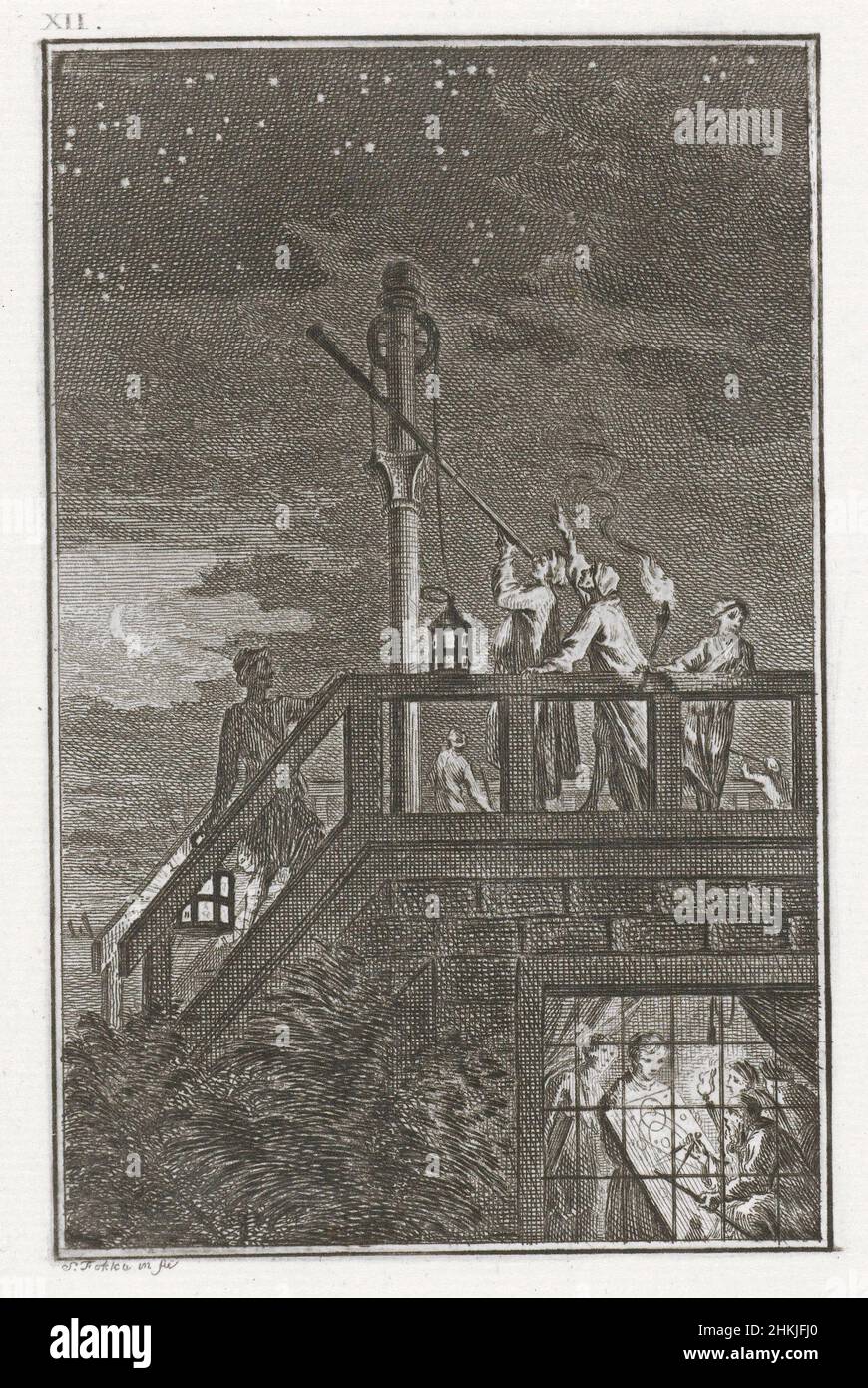 Stargazers watching the night sky, 18th century illustration Stock ...