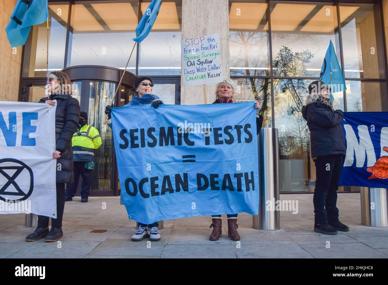 London, UK. 04th Feb, 2022. Demonstrators hold a 'Seismic Tests = Ocean ...