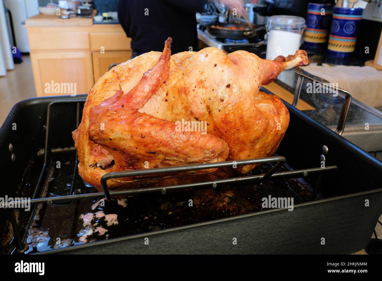 Side view of a fresh out of the oven roasted turkey resting on a rack ...