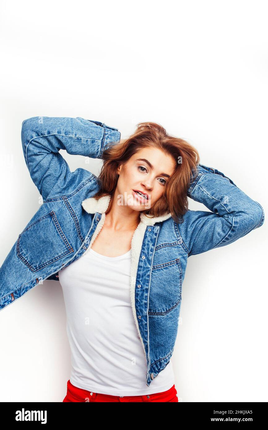 young pretty stylish hipster girl posing emotional isolated on white background happy smiling ...