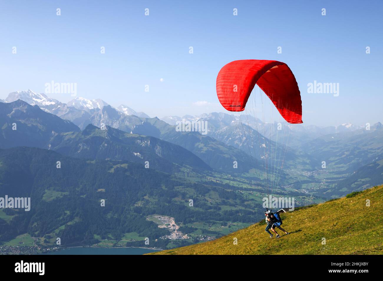 Paragliding, start of a tandem flight from the Niederhorn, Switzerland ...
