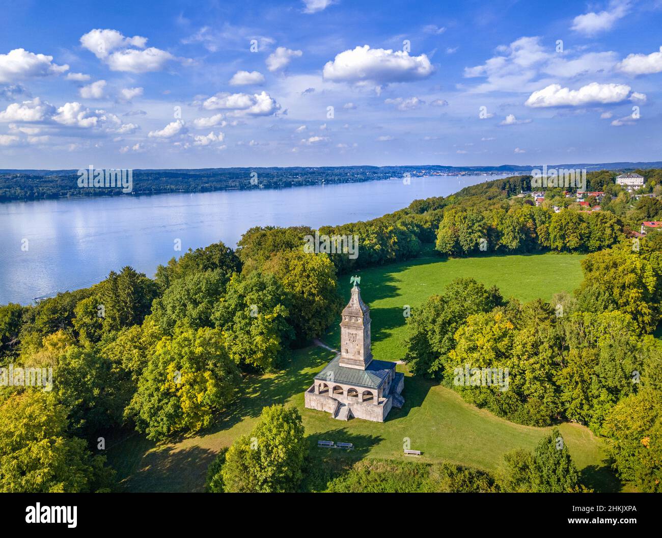 Bismark Tower at Starnberg Lake, aerial view, Germany, Bavaria ...