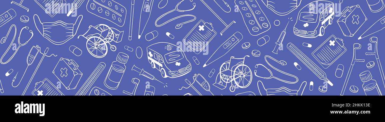 Seamless horizontal border with medical doodles. Pattern with hand ...