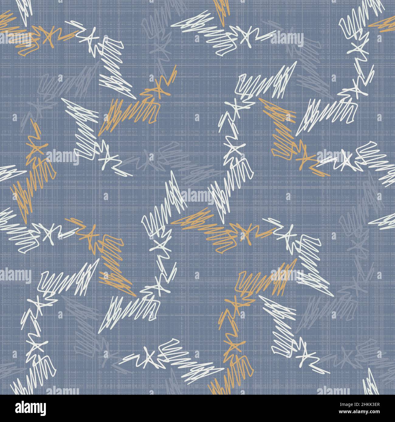 French blue doodle motif linen seamless pattern. Tonal country cottage ...
