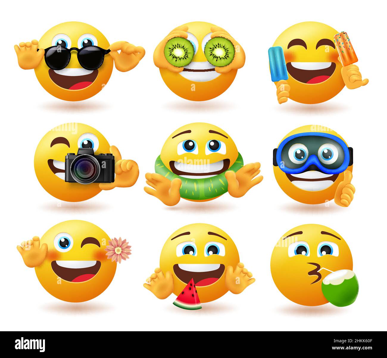 Emoji summer characters vector set. Emoticons in cute faces with summer ...