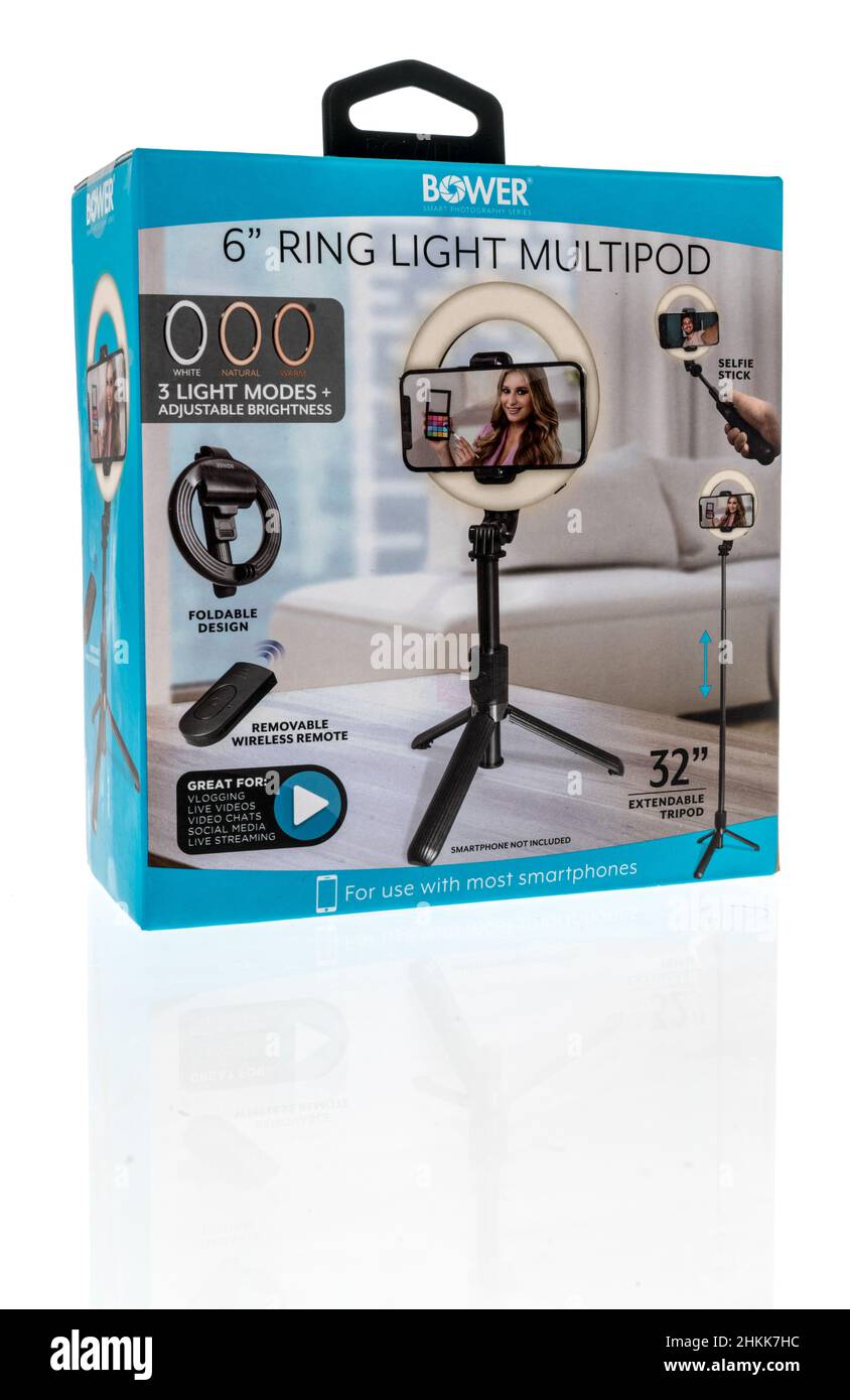 Winneconne, WI -23 January 2021: A package of Bower ring light multipod on an isolated ...