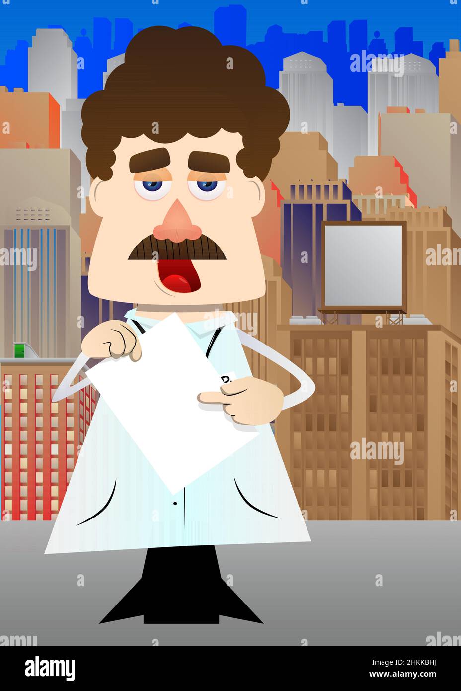 Funny cartoon doctor holding white paper and pointing at it. Vector ...