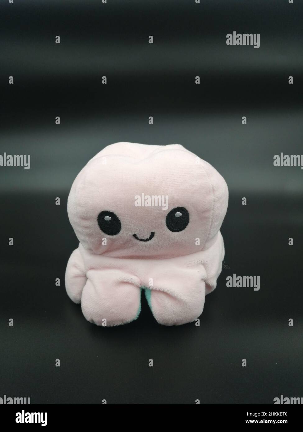 Vertical shot of reversible moody octopus stuffed toy isolated on black ...