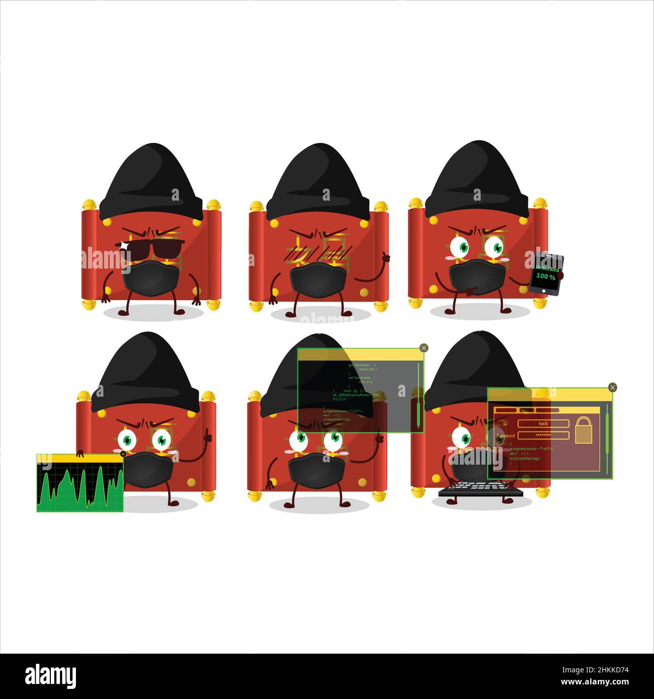 A Hacker red paper roll chinese character mascot with. Vector ...