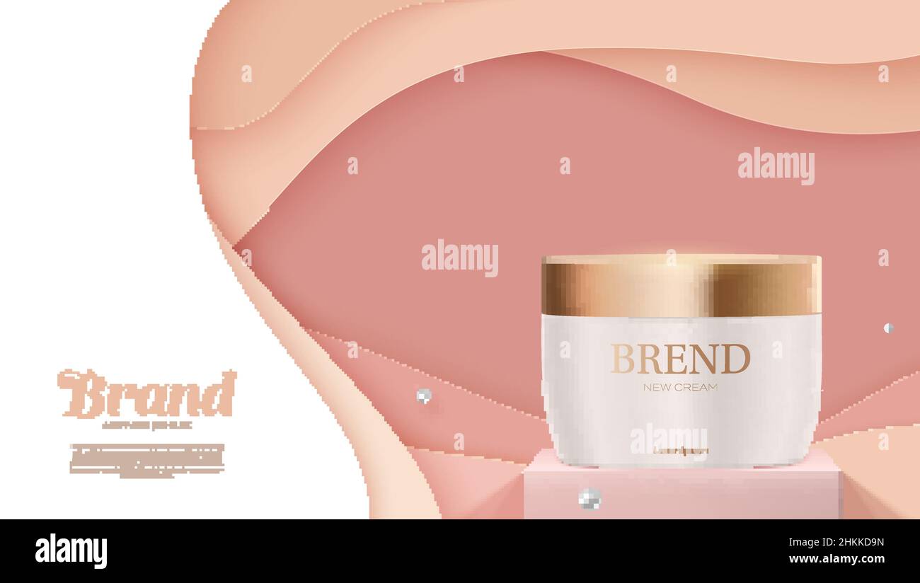 Jar of cosmetic cream ads banner. Layered paper background in paper cut ...