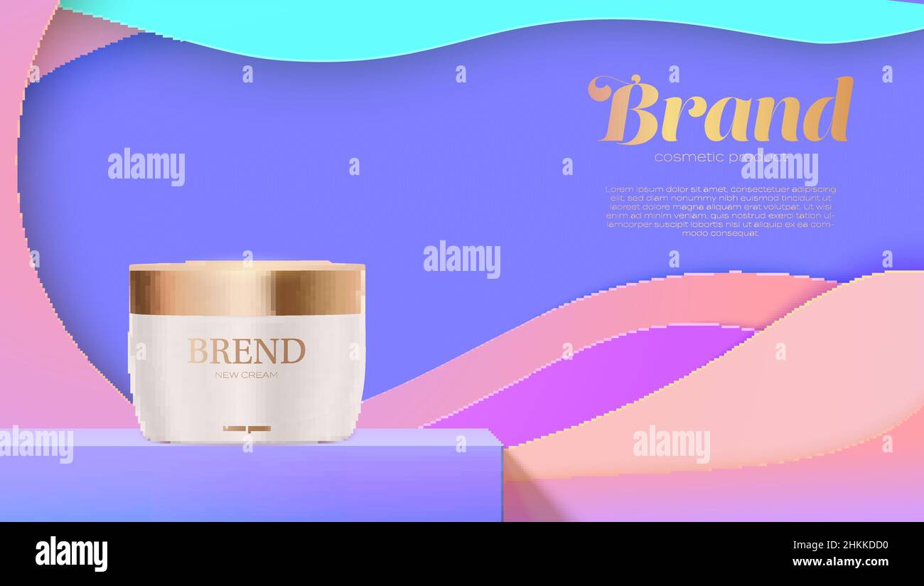 Jar of cosmetic cream ads banner. Multi color layered paper background ...
