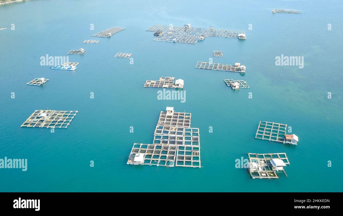 Bamboo rafts and fish cage at sea, Kampung Kerapu Situbondo, Indonesia ...