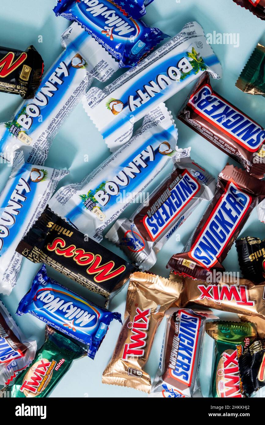 Tyumen, Russia-January 23, 2022: Snickers, Mars, Twix, milky way ...