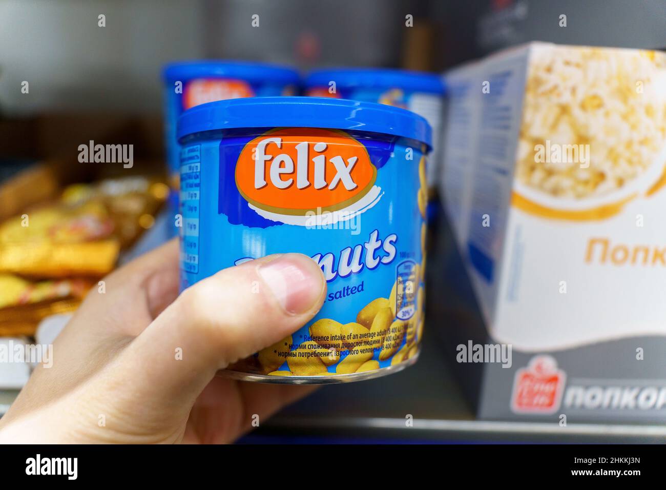 Tyumen, Russia-December 02, 2021: Polish Felix brand roasted peanuts ...