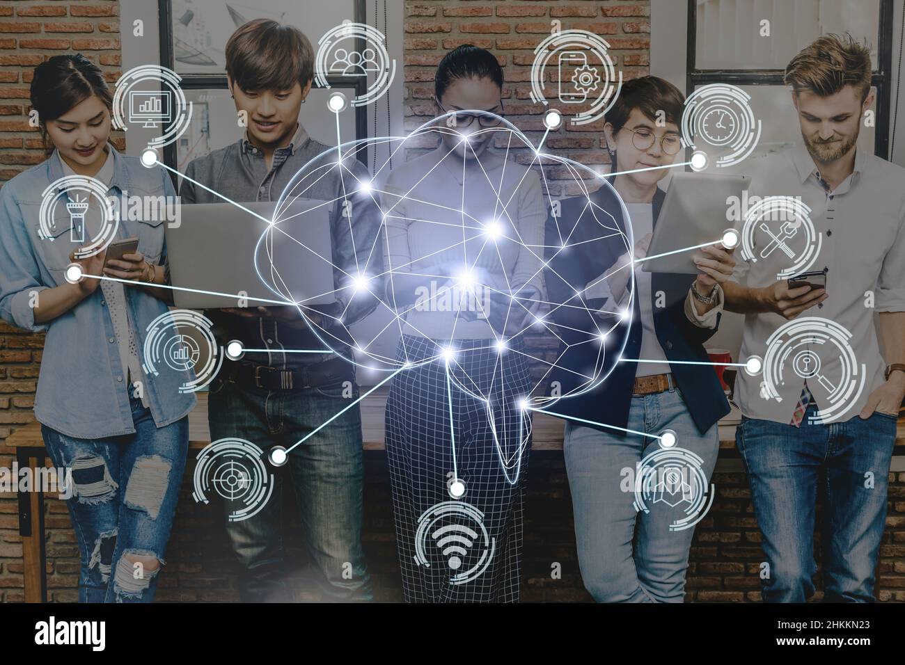 Polygonal brain shape of an artificial intelligence with various icon ...