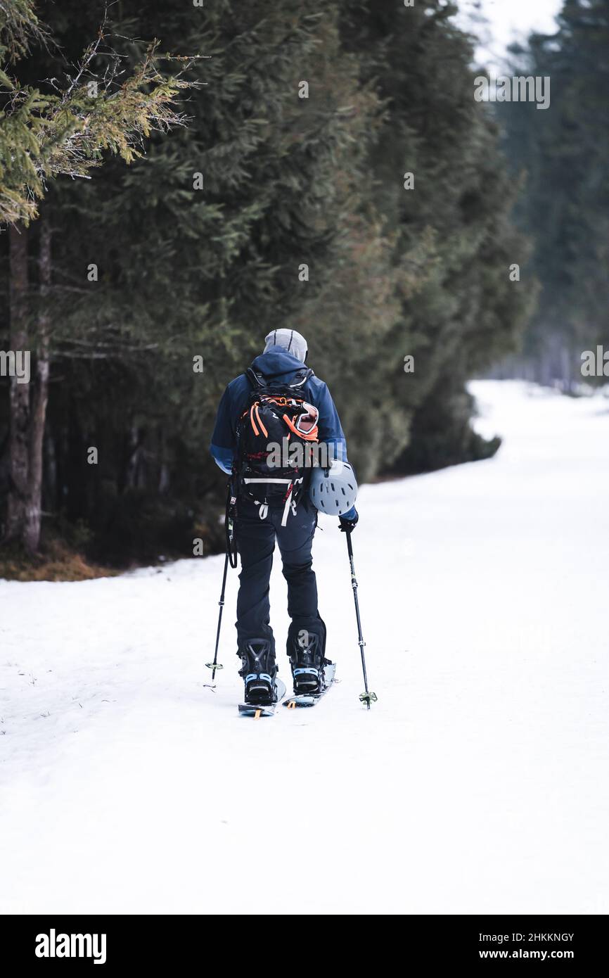 Vertical back view of a skier going up a mountain trail Stock Photo - Alamy