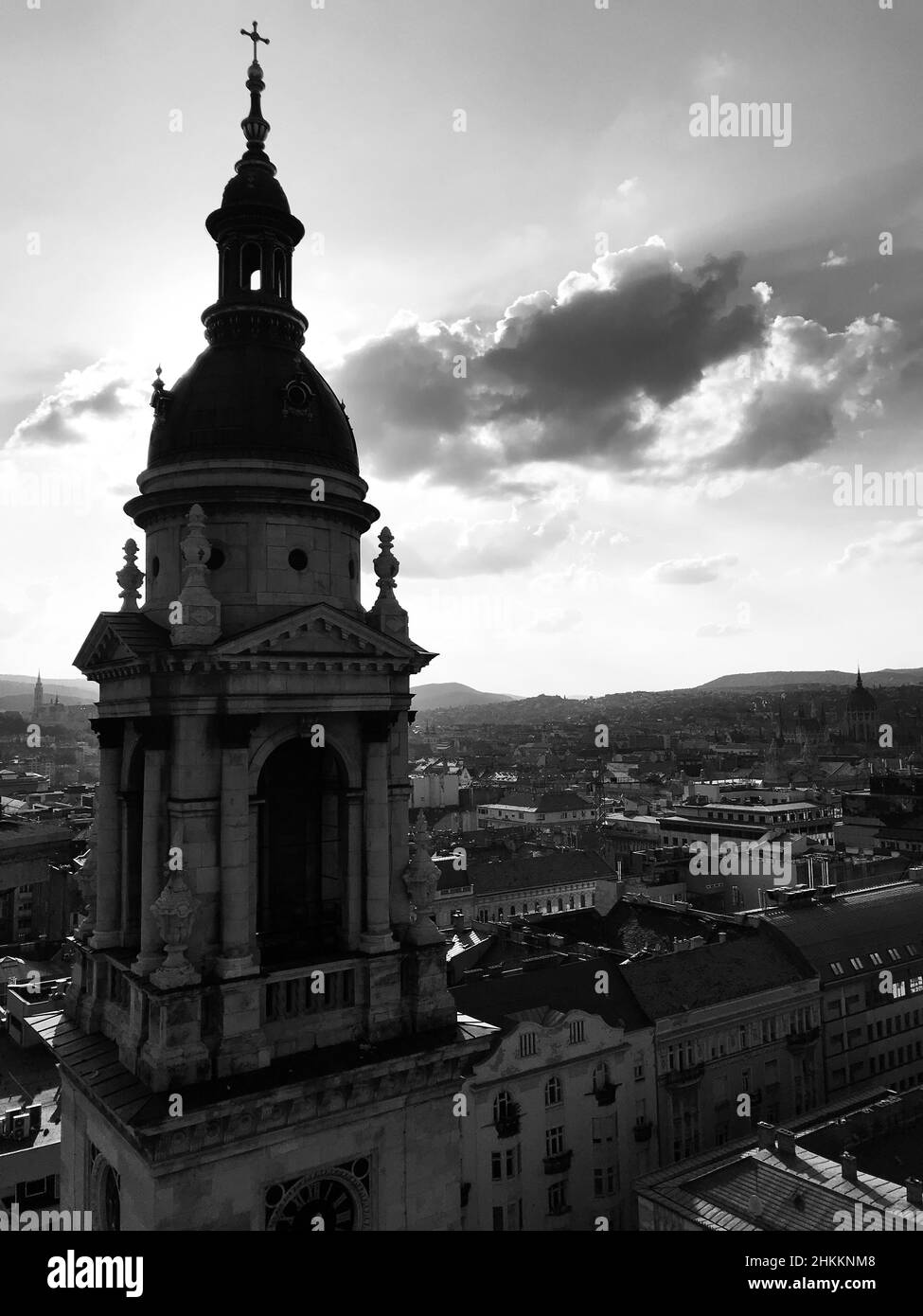 Grayscale of St. Stephen's Basilica tower in Budapest Stock Photo - Alamy