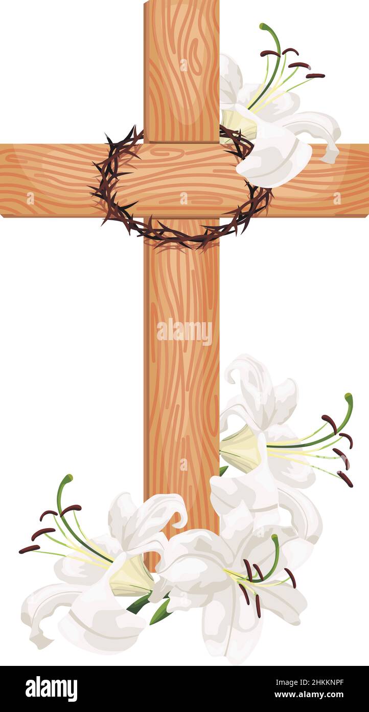 Cross with lilies isolated on white background. Religious symbols wooden cross, white lily and ...
