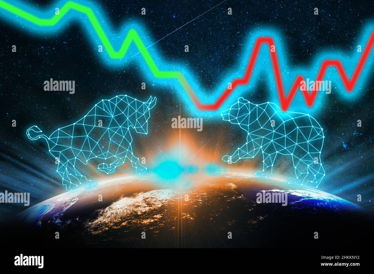 polygonal bull and bear shape writing by lines and dots over Part of ...